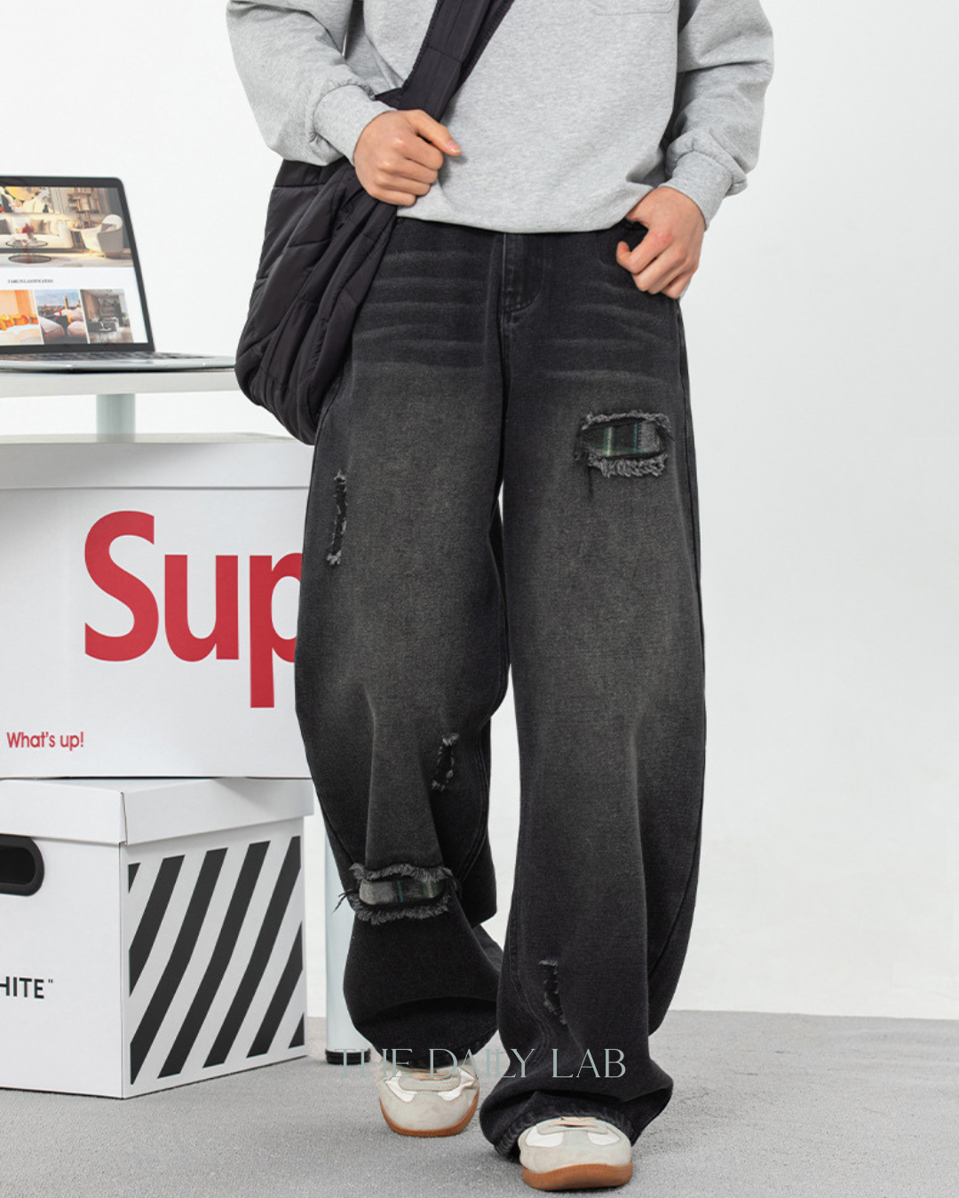 Plaid Patch Ripped Jeans in Black – The Daily Lab